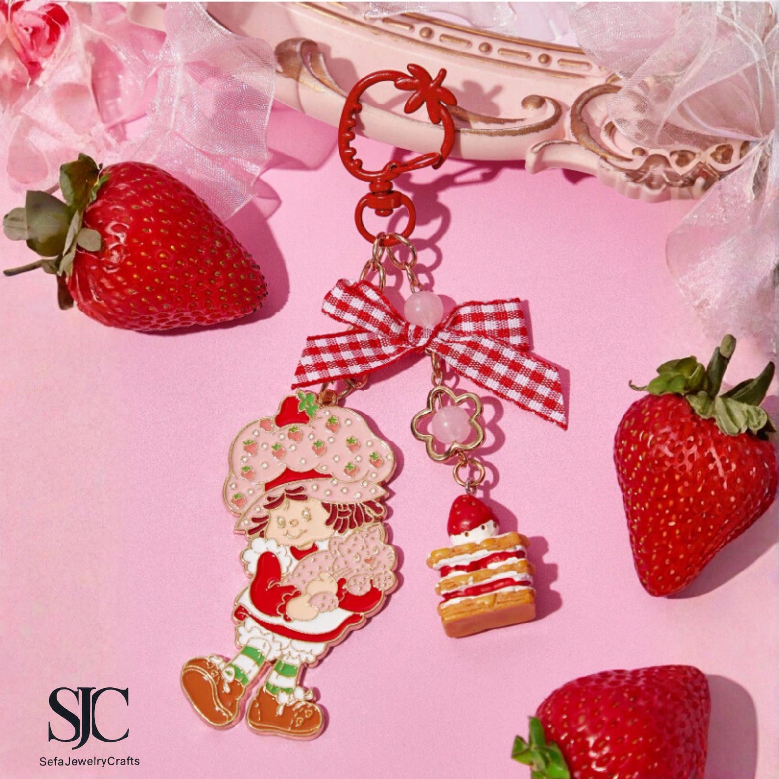 Strawberry Shortcake Keychain, Checkered Bow, Cake Charm - Etsy