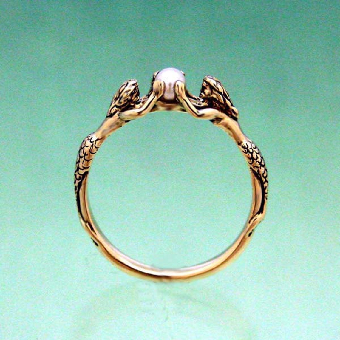 Two Mermaids Ring With Pearl in 14k Gold Size 3 to 9 - Etsy