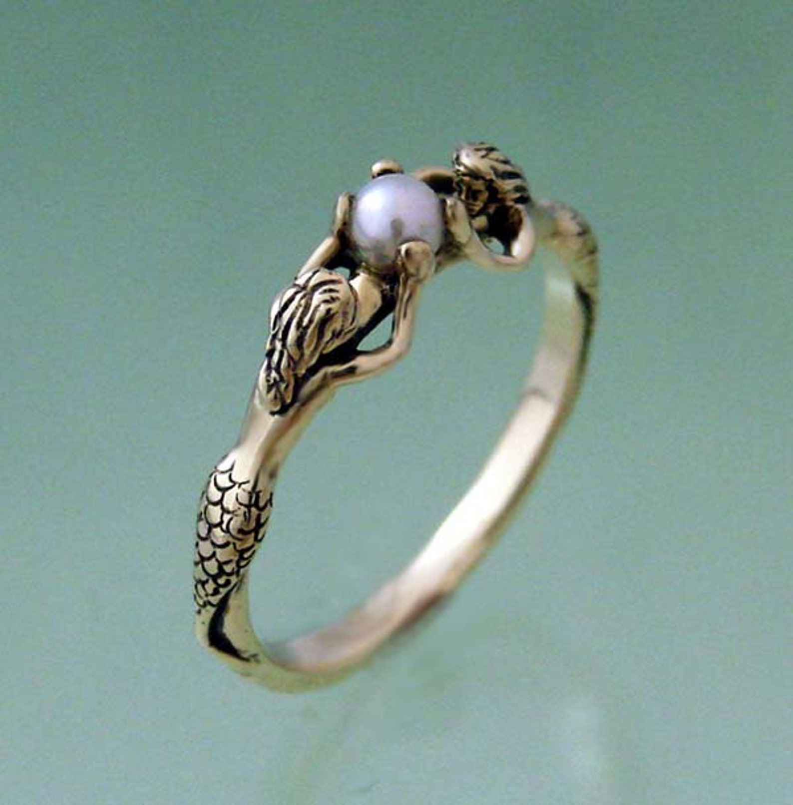 Two Mermaids Ring With Pearl in 14k Gold Size 3 to 9 - Etsy