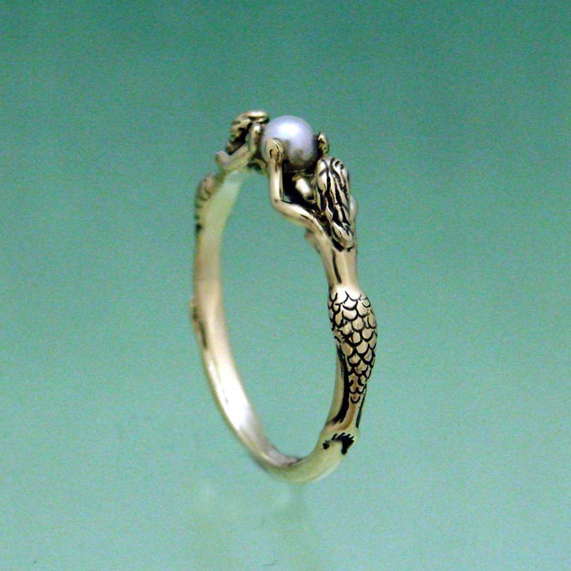 Two Mermaids Ring With Pearl in 14k Gold Size 3 to 9 | Etsy