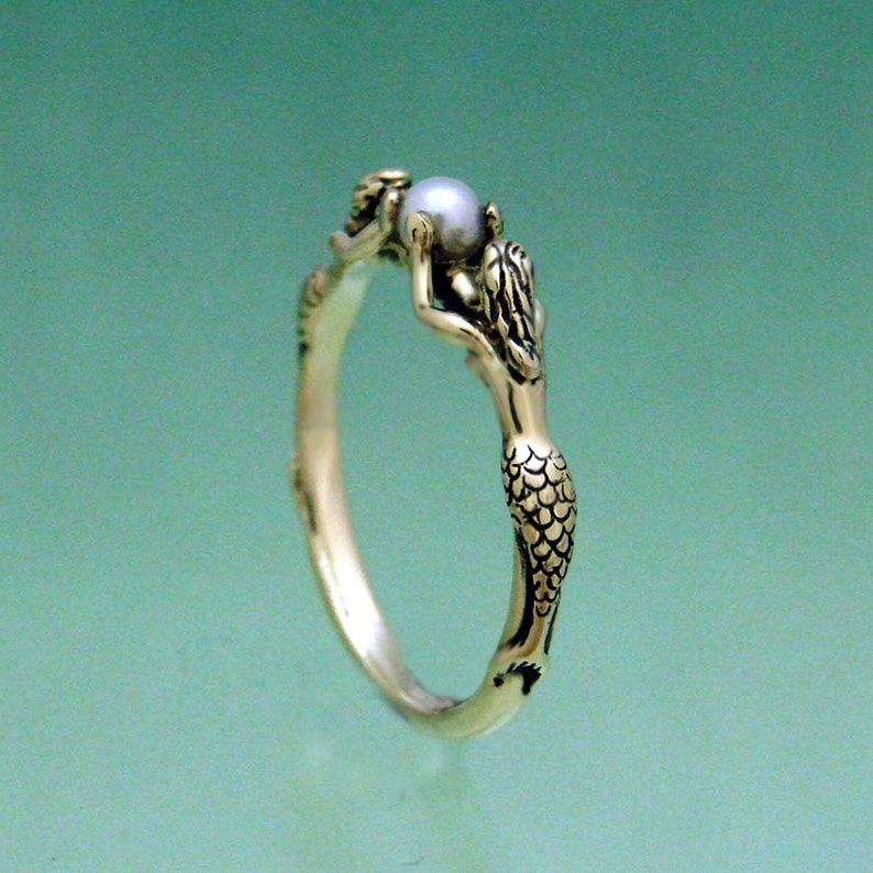 Two Mermaids Ring With Pearl in 14k Gold Size 3 to 9 - Etsy