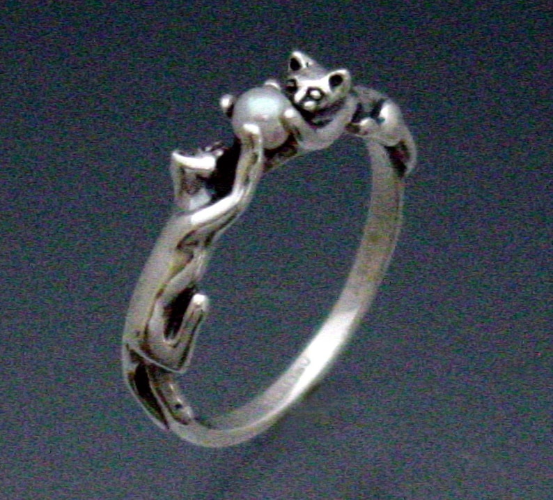 Two Cats Ring With Pearl in Sterling Silver Size 3 to 8 3/4 - Etsy