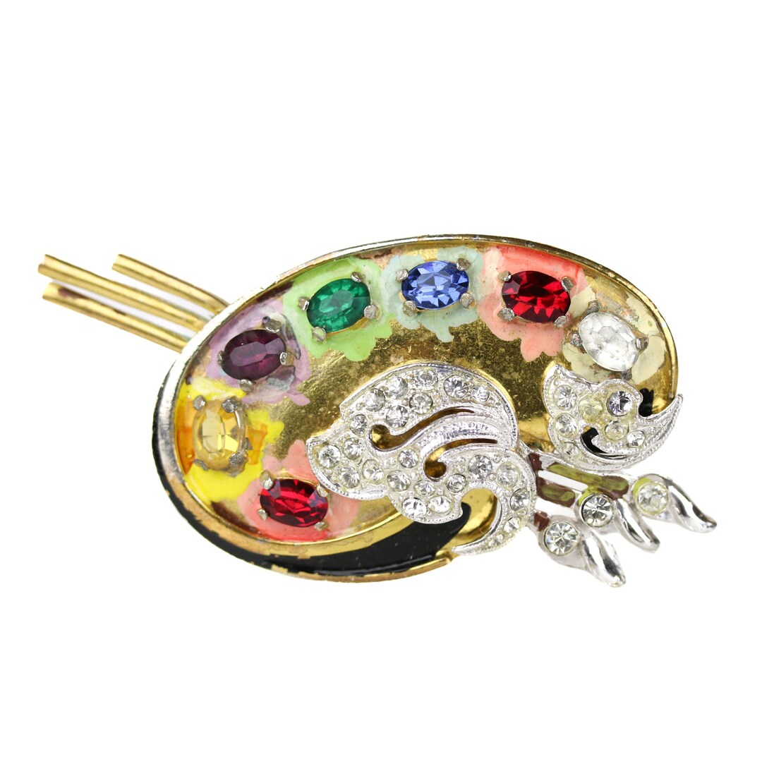 Gorgeous Vintage 1940's Enamel & Rhinestone Artist's Palette Paintbrush ...