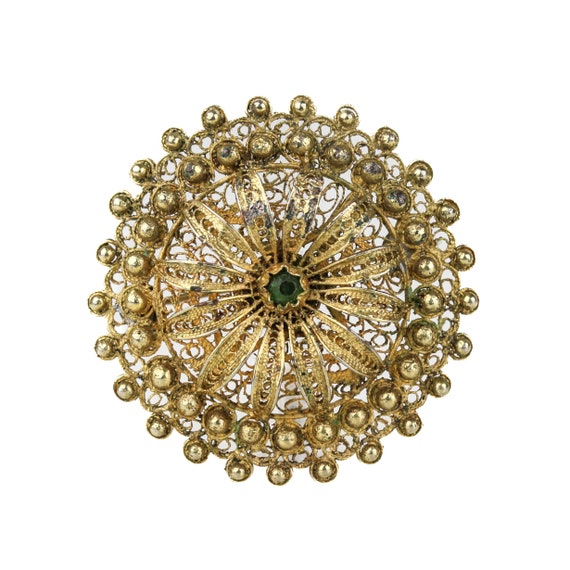 Antique Gold Plated Floral Filigree Faux Jade Brooch - Gem