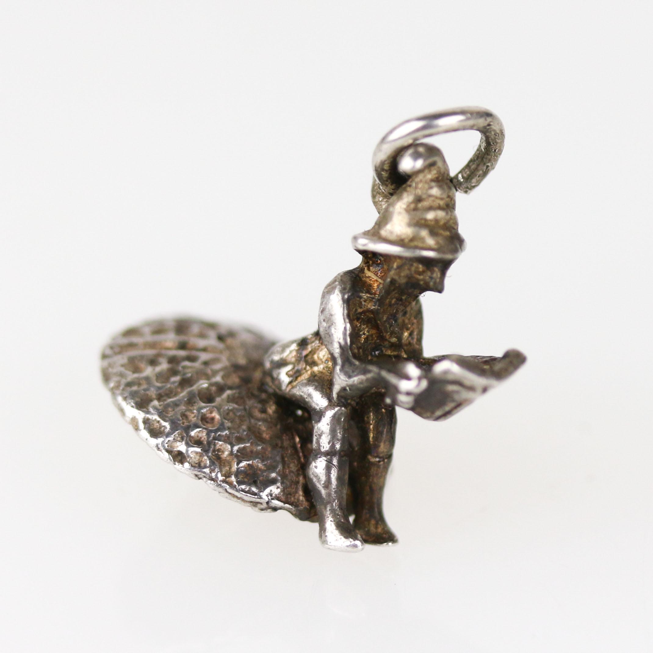 Cute Vintage English Sterling Silver Elf Sitting on Mushroom Reading ...