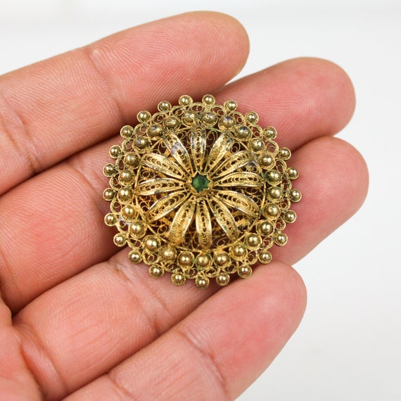 Antique Gold Plated Floral Filigree Faux Jade Brooch - Gem