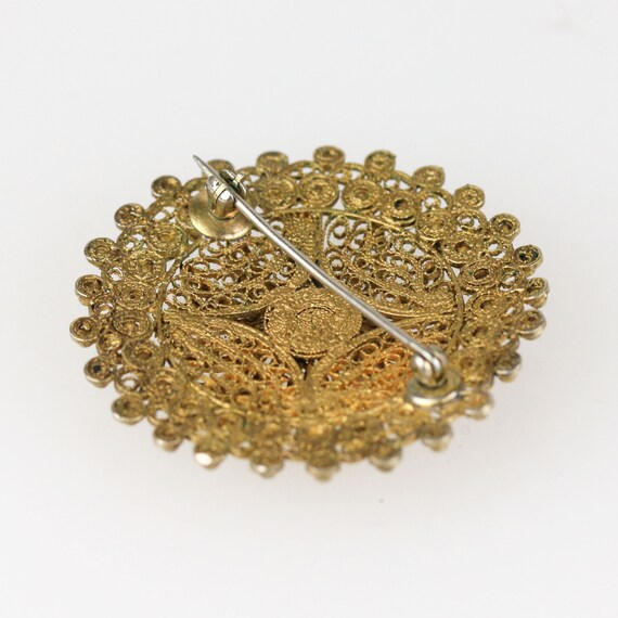Antique Gold Plated Floral Filigree Faux Jade Brooch - Gem