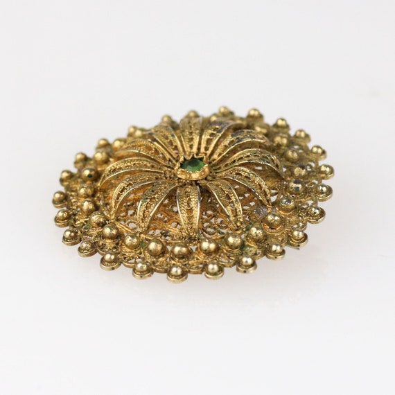 Antique Gold Plated Floral Filigree Faux Jade Brooch - Gem