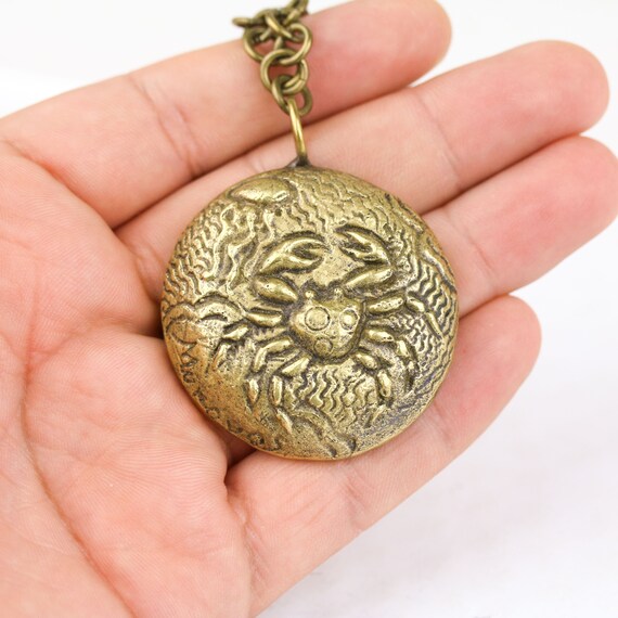 Vintage Modernist Brass Zodiac Cancer Pendant Necklace - Gem
