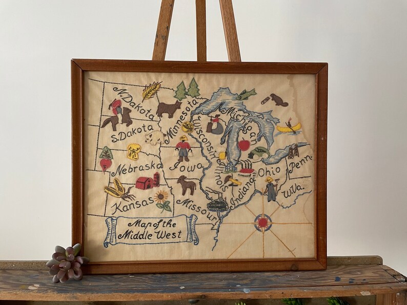 Vintage Embroidered Map of the Middle West Framed - Etsy