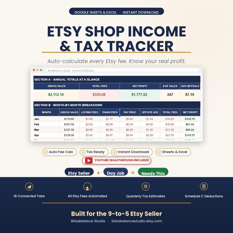 Etsy Shop Income Tax Tracker, Google Sheets Excel Calculator (digital ...