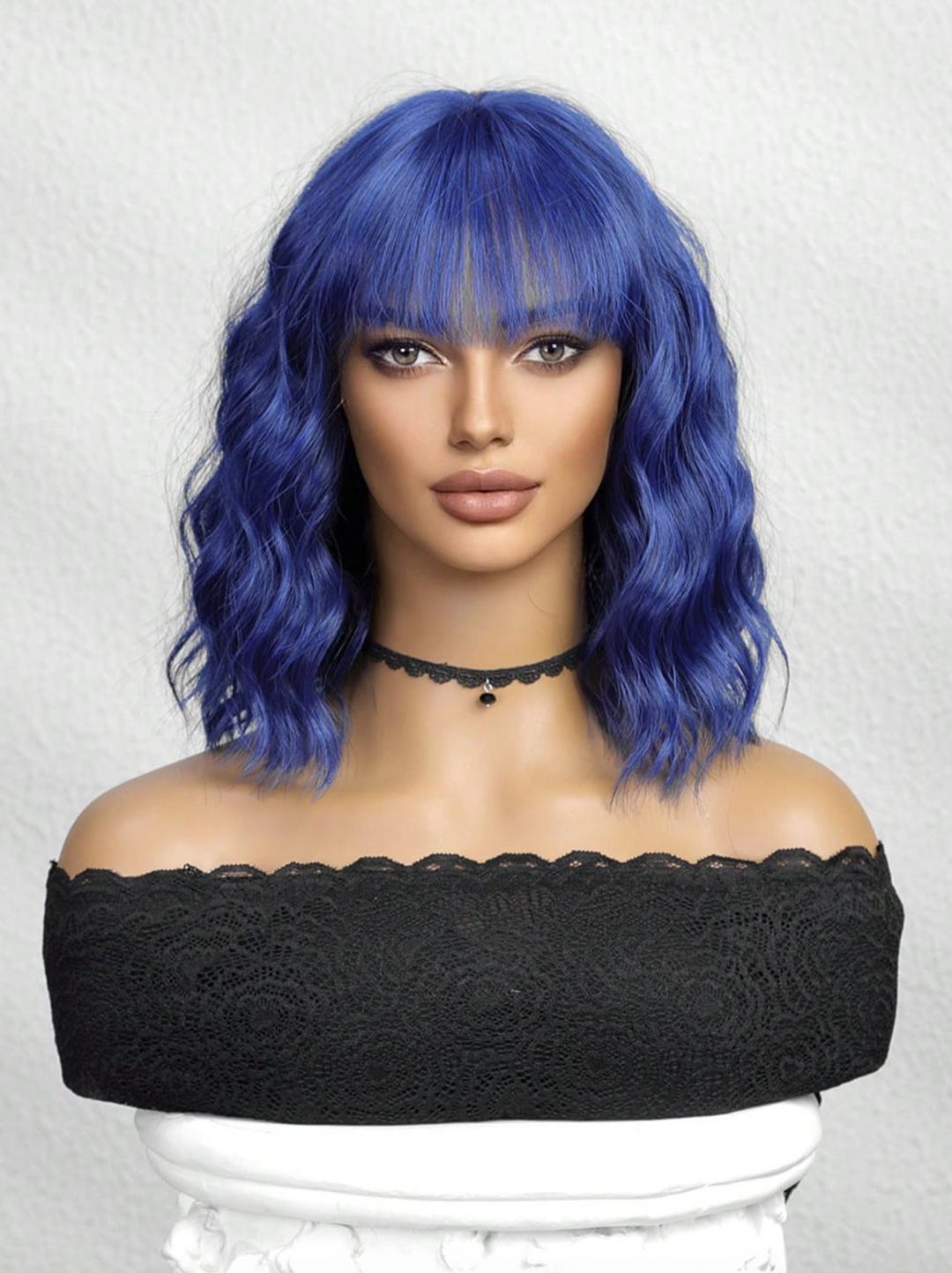 Short Blue Curly Bob Wig With Bangs, 14 Inch Heat-resistant Synthetic ...