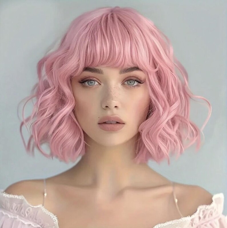 Short Pink Curly Bob Wig With Bangs, Heat-resistant Synthetic Wavy Wig ...