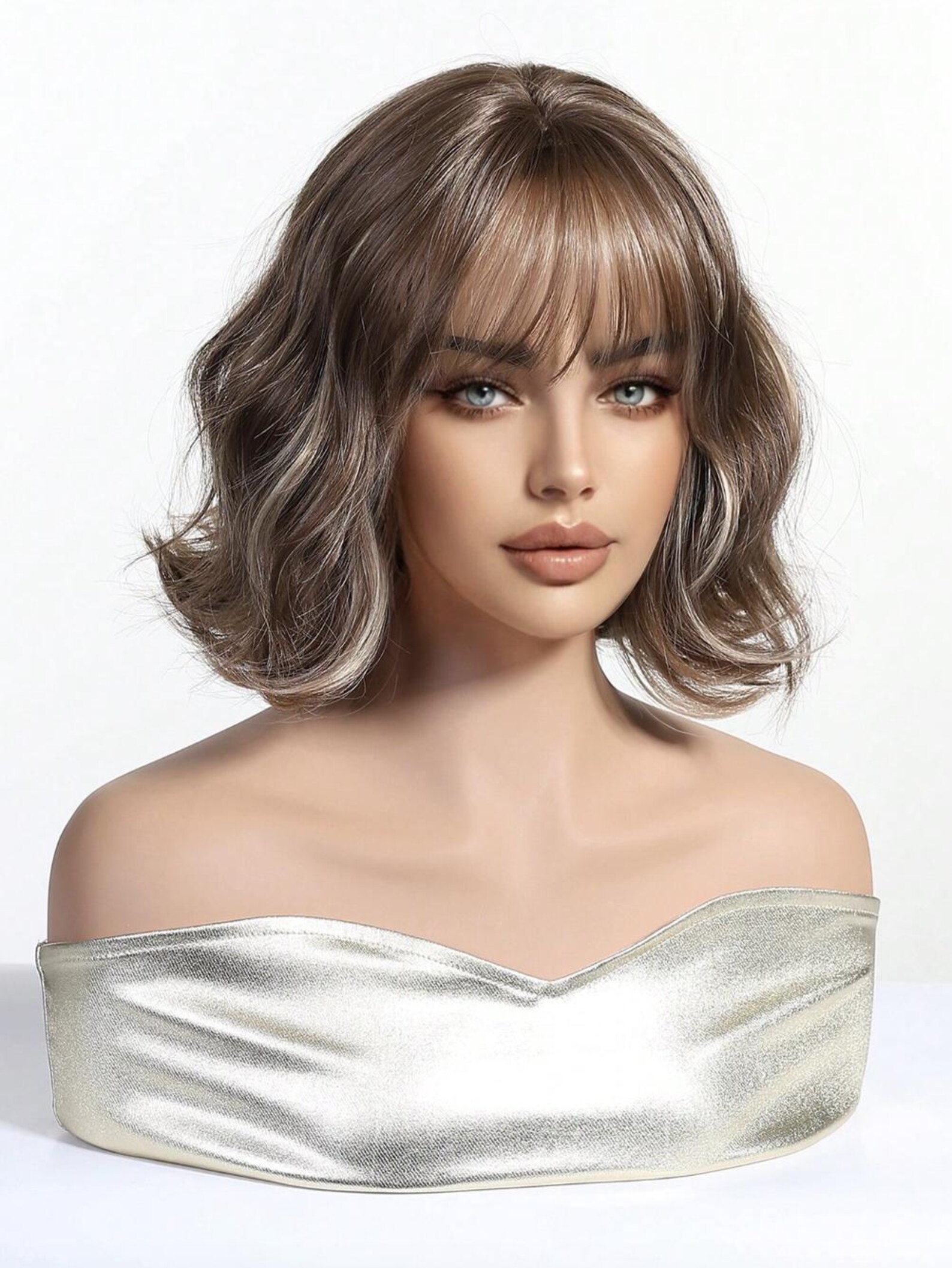 12 Inch Short Wavy Blonde Wig With Bangs, Heat-resistant Synthetic Wig ...