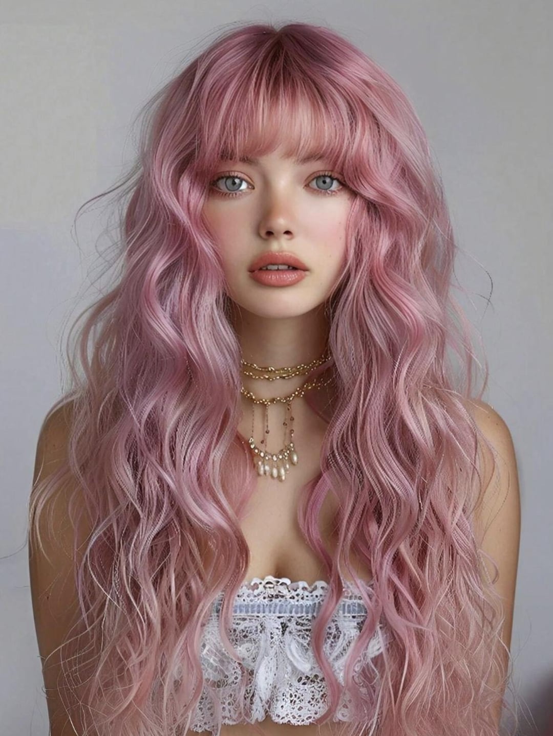 28 Inch Long Wavy Pink Wig With Bangs, Heat Resistant Synthetic Wig for ...