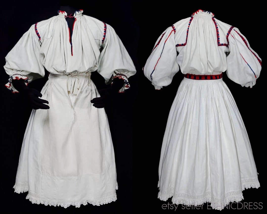 Vintage Romanian Folk Costume Embroidered Linen Blouse & Skirt Set ...