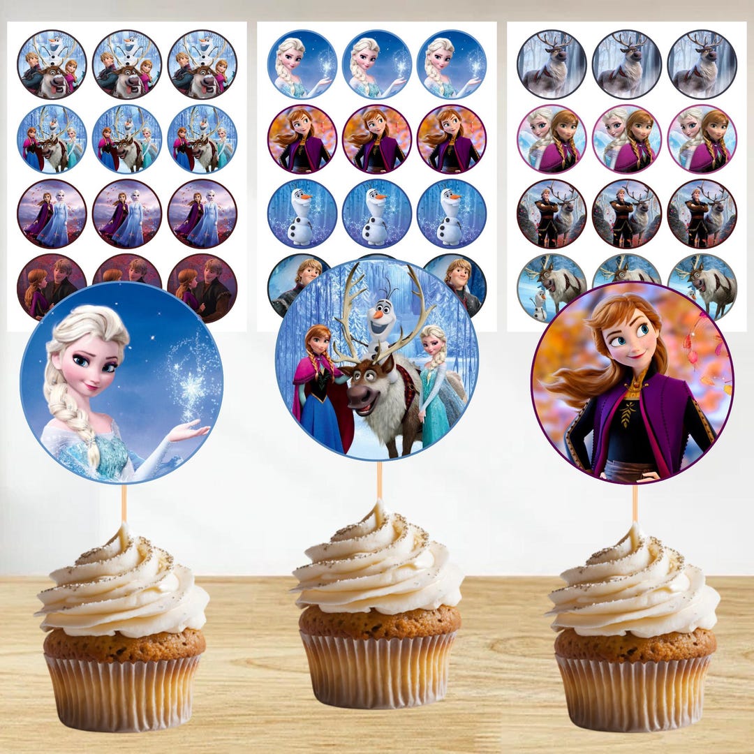 FROZEN CUPCAKE TOPPERS Princess Birthday Party Stickers Banners Girls ...