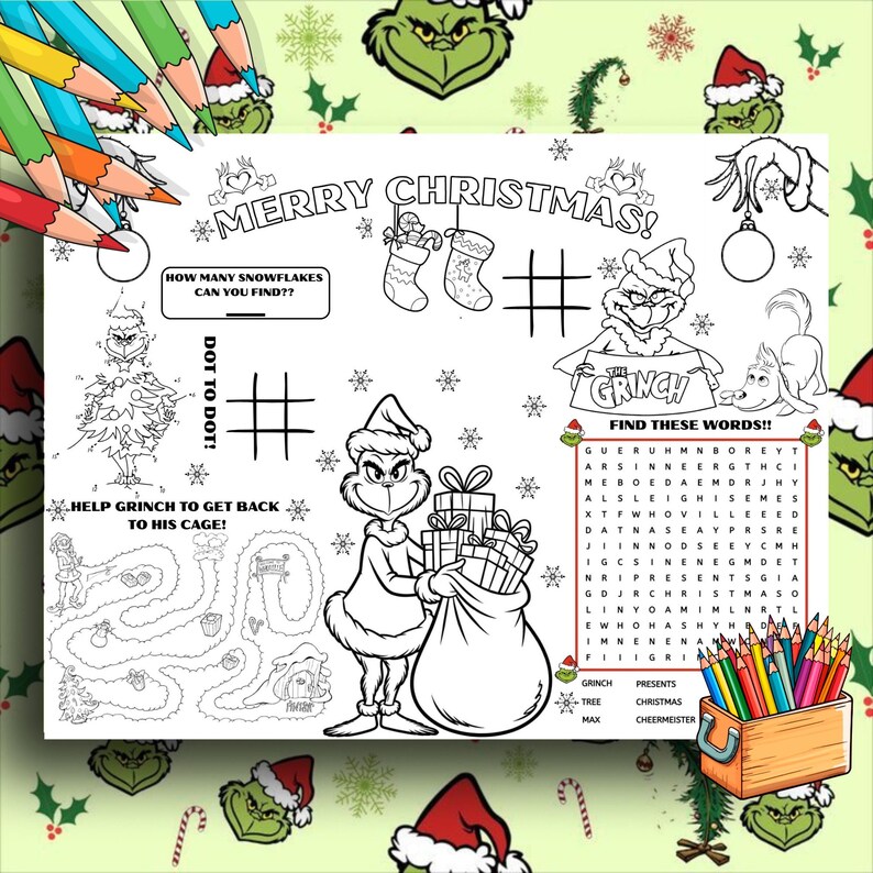 Christmas Grinch Coloring Placemat, Kids Party Activity Mc1 - Etsy