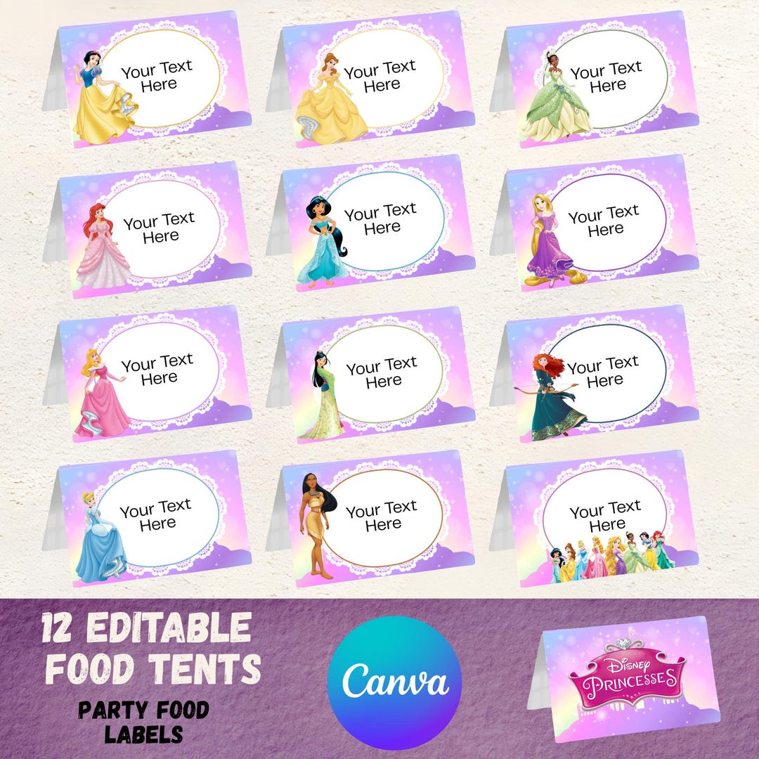 12 Disney Princess Food Tent Cards Kids Birthday Party Table ...