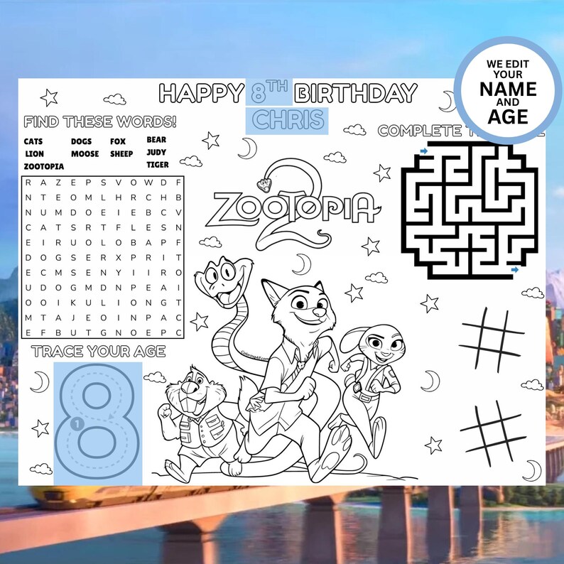 Zootopia 2 Placemat Kids Birthday Activity Sheet Zo1 - Etsy