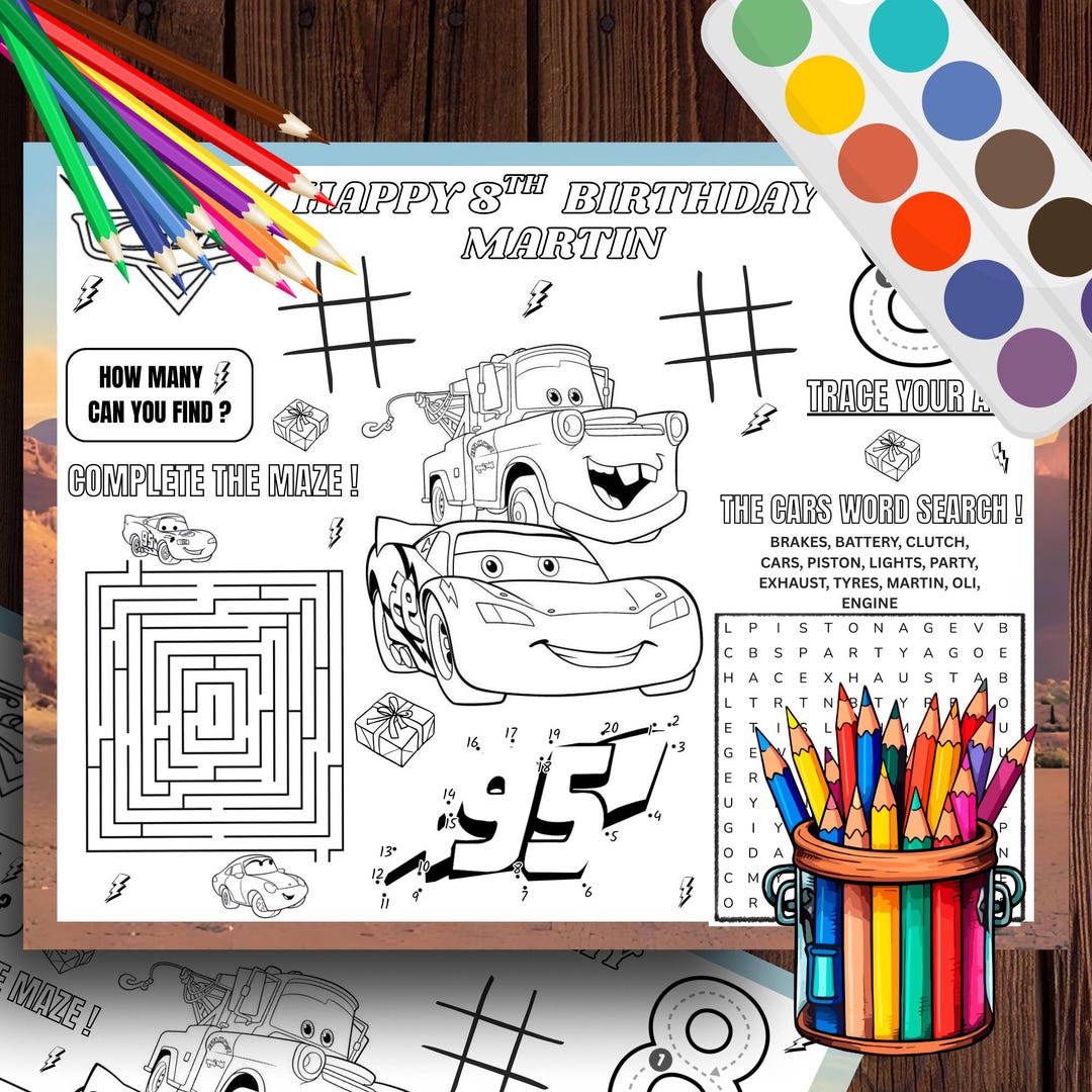 Cars Birthday Placemat Activity | Coloring Sheet (digital Download) - Etsy