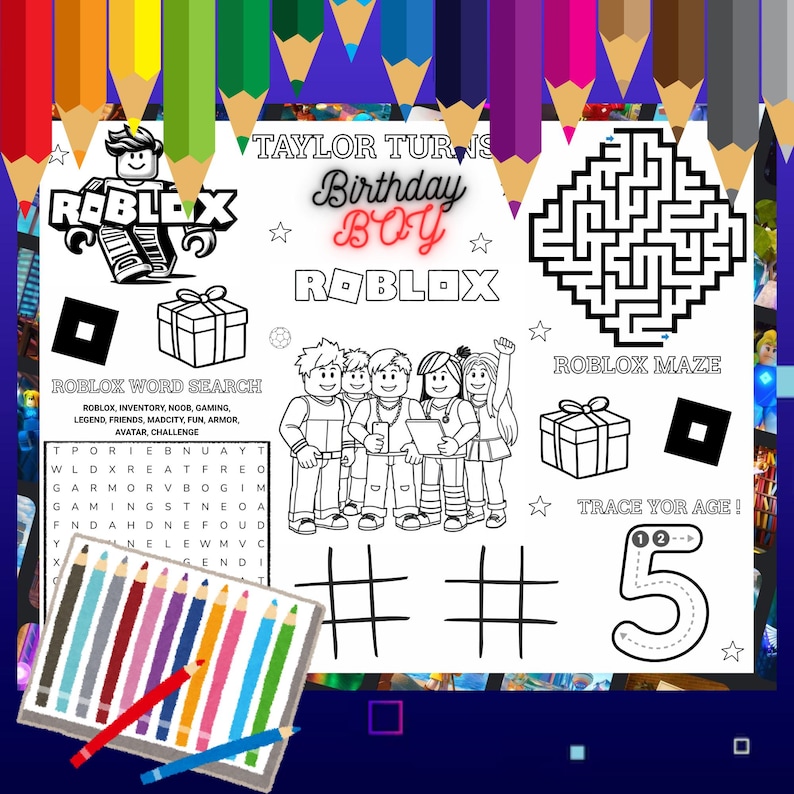 ROBLOX PLACEMAT Perfect Kids BIRTHDAY Party Activity Fun Coloring Sheet ...