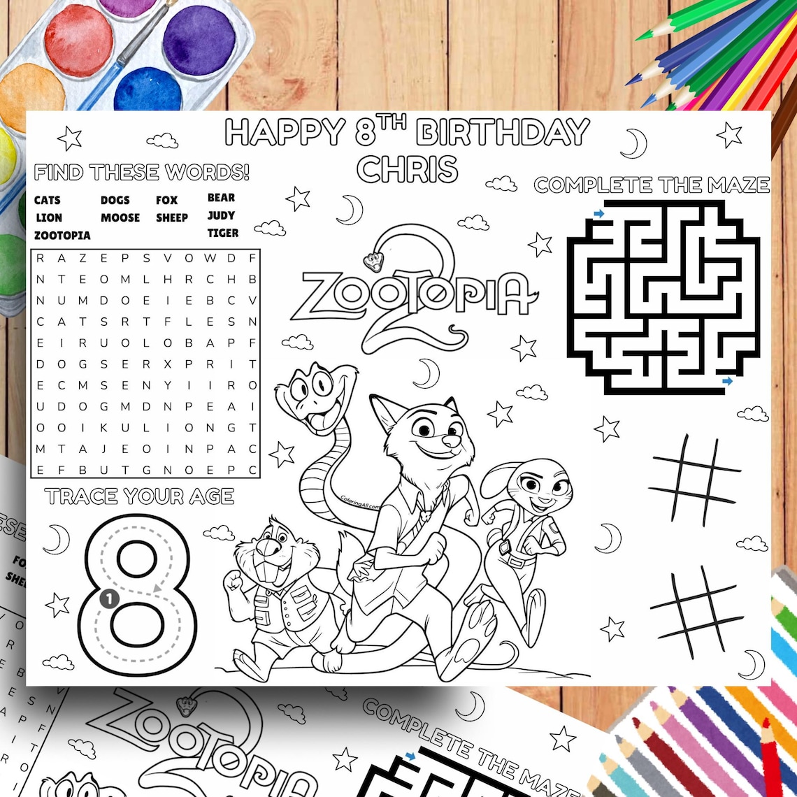 Zootopia 2 Placemat Kids Birthday Activity Sheet Zo1 - Etsy