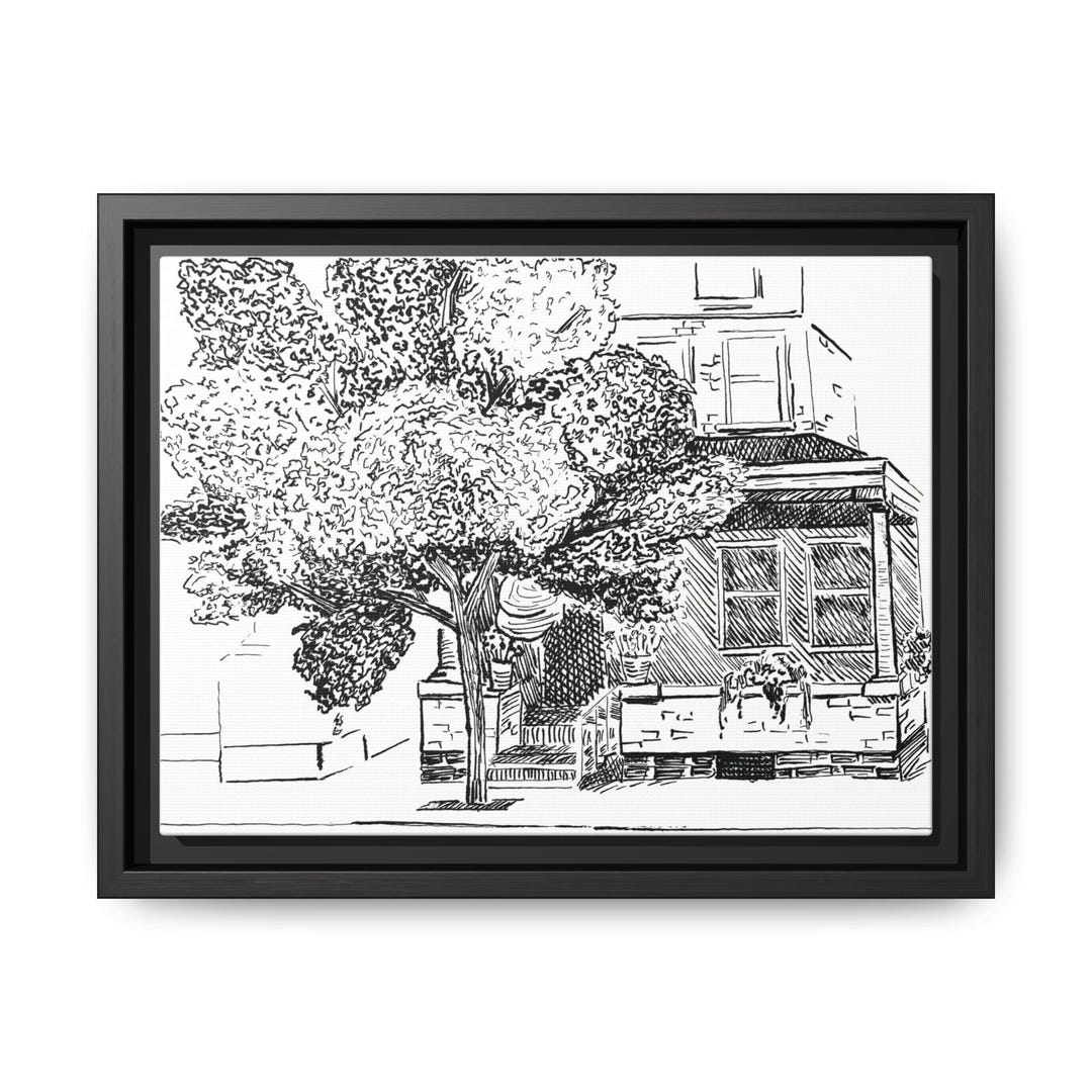 Coffee Shop Street View Art Print – Black and White Ink Drawing, Framed ...