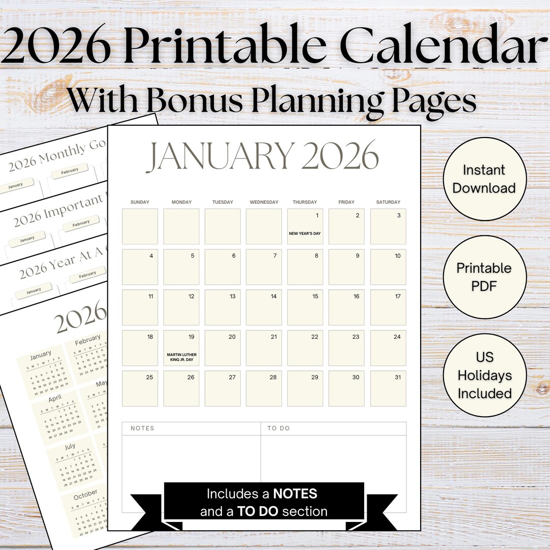 2026 Minimal Printable Calendar | Monthly Calendar With Notes and to Do ...