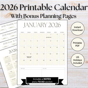 2026 Minimal Printable Calendar | Monthly Calendar With Notes and to Do ...