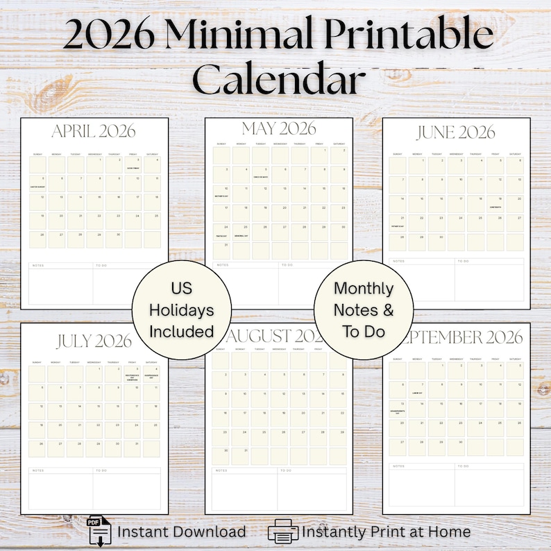 2026 Minimal Printable Calendar | Monthly Calendar With Notes and to Do ...