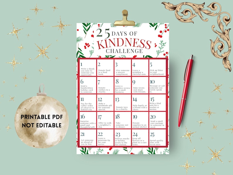 25 Days of Kindness Challenge Printable, Christmas Kindness Calendar ...