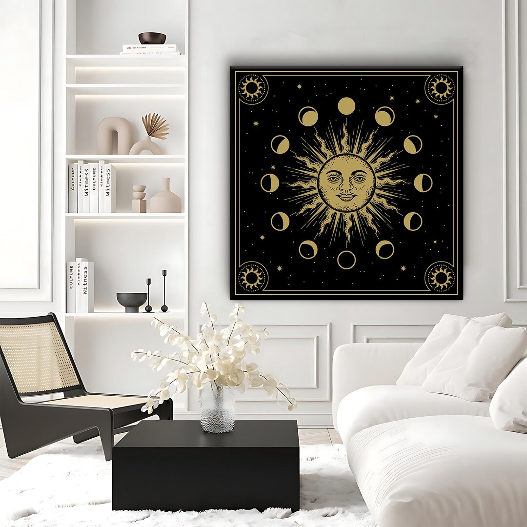 Celestial Sun and Moon Phases Canvas Painting, Gold and Black Astrology ...