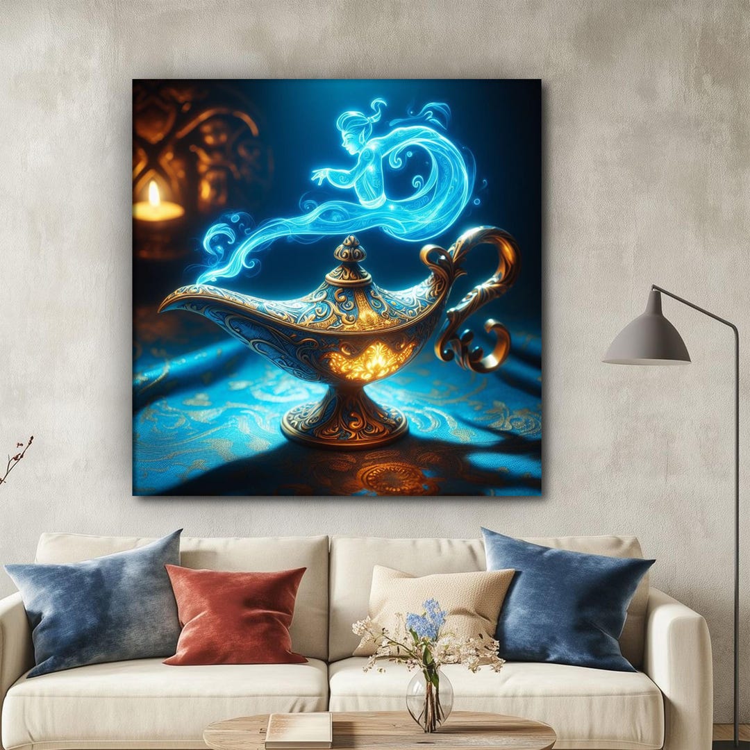 Magical Genie Lamp Canvas Art Print, Mystic Blue Spirit Illustration ...