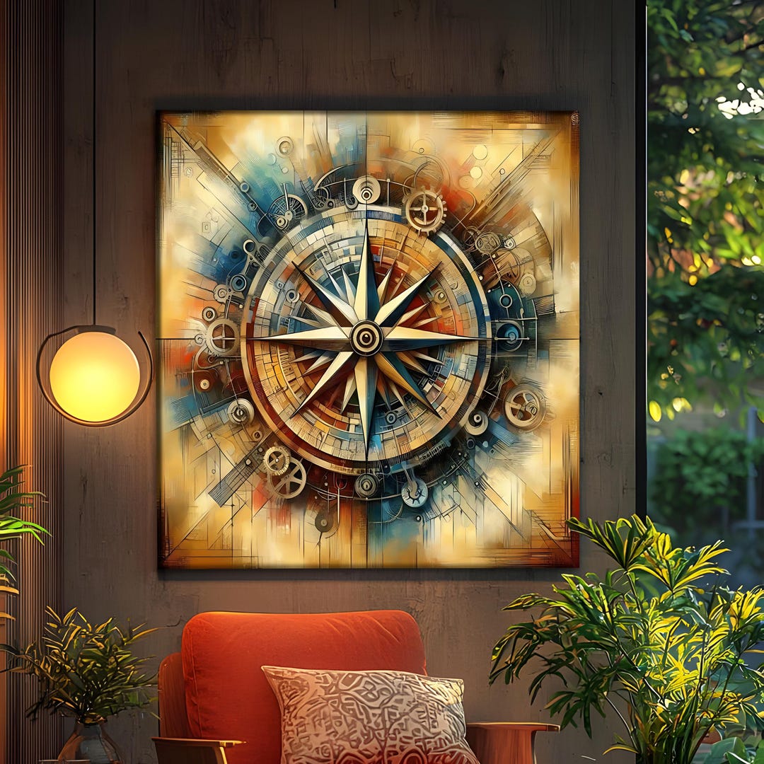 Abstract Compass Wall Art, Steampunk Gear Canvas Print, Nautical ...