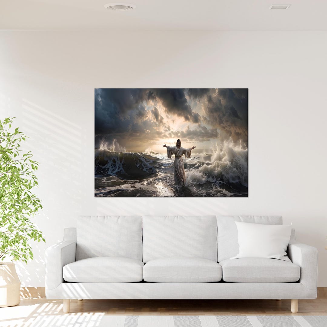 Jesus Calming Storm Canvas Print, Spiritual Ocean Art, Jesus Statue ...