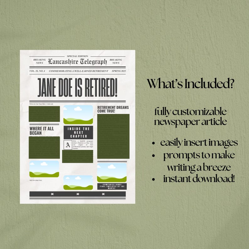 Retirement Newspaper Article Template | Editable Retirement Gift ...