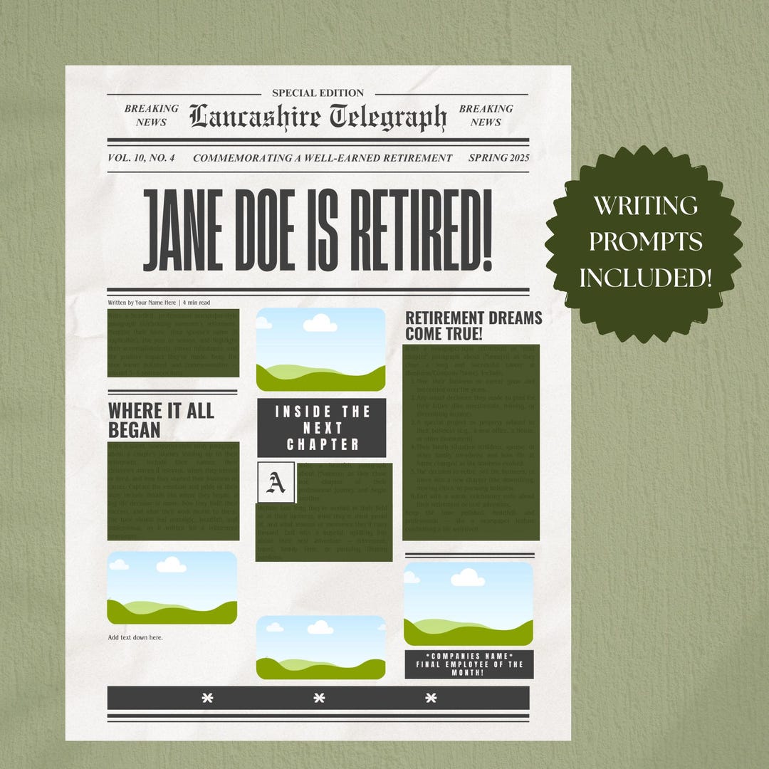 Retirement Newspaper Article Template | Editable Retirement Gift ...