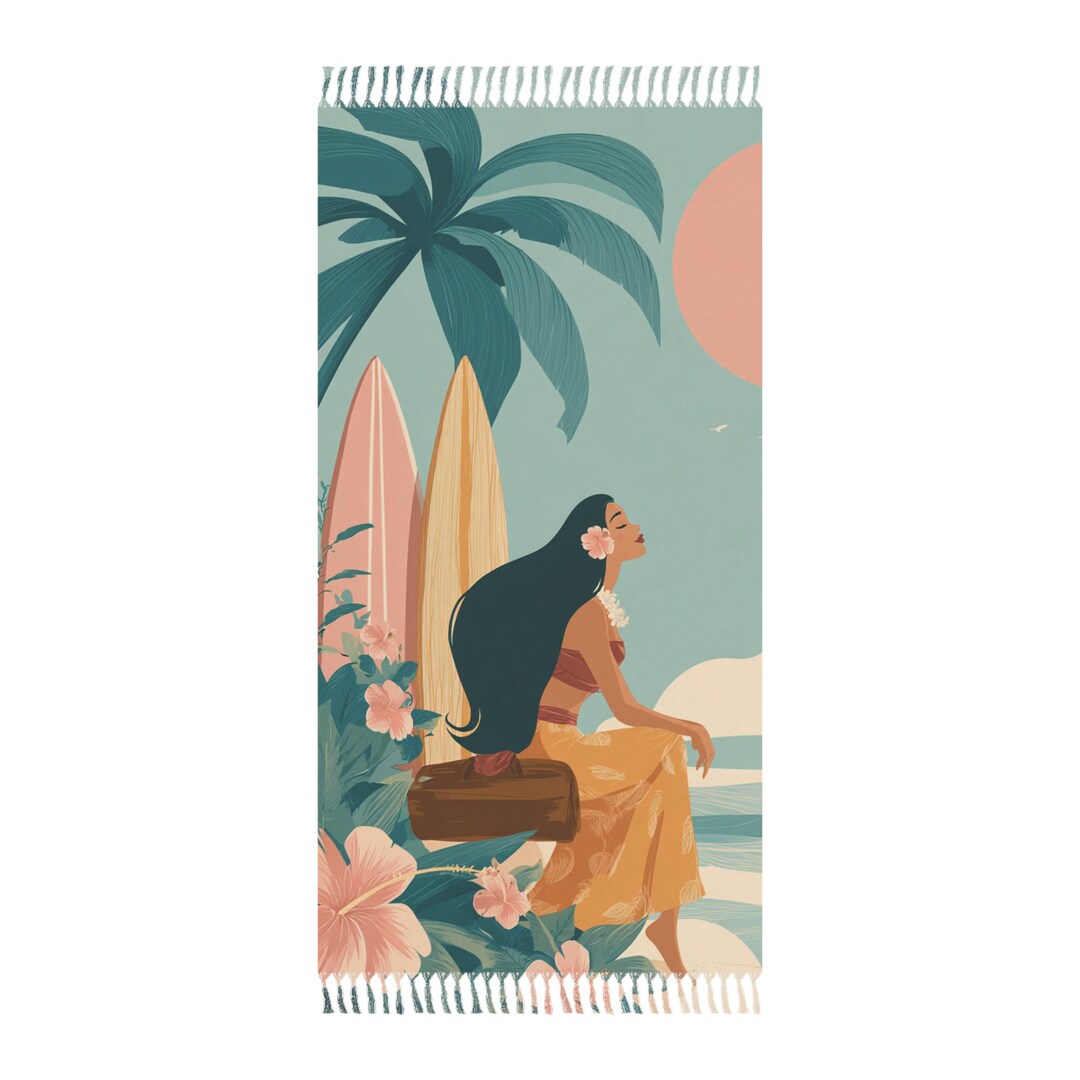 Boho Surf Girl Beach Towel | Palm Tree Sunset - Etsy