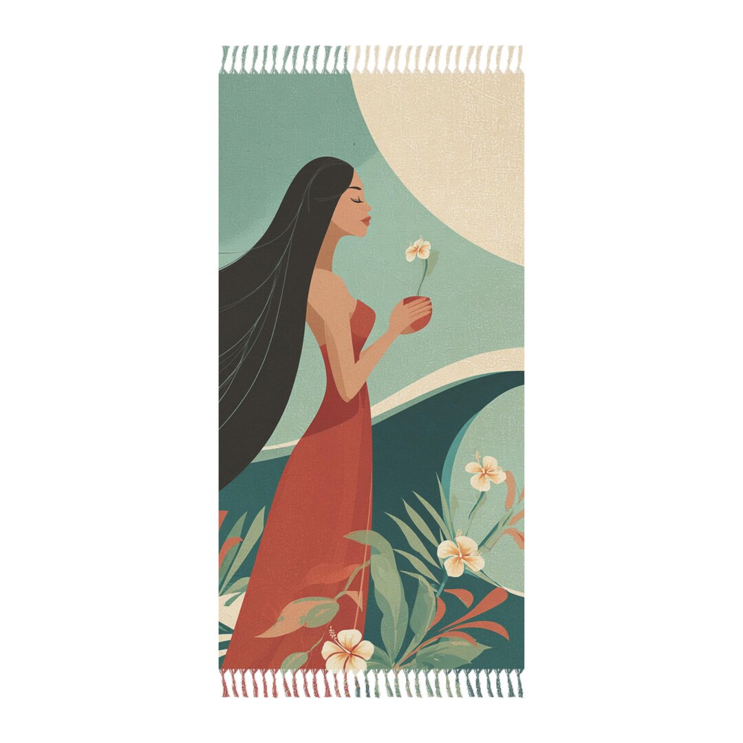 Boho Hula Girl Beach Towel | Tropical Floral, Sun Wave Illustration - Etsy