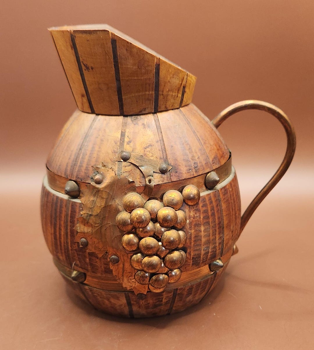 Vintage French Wooden Barrel Pitcher: J. Pérard Folk Art Copper Grape ...