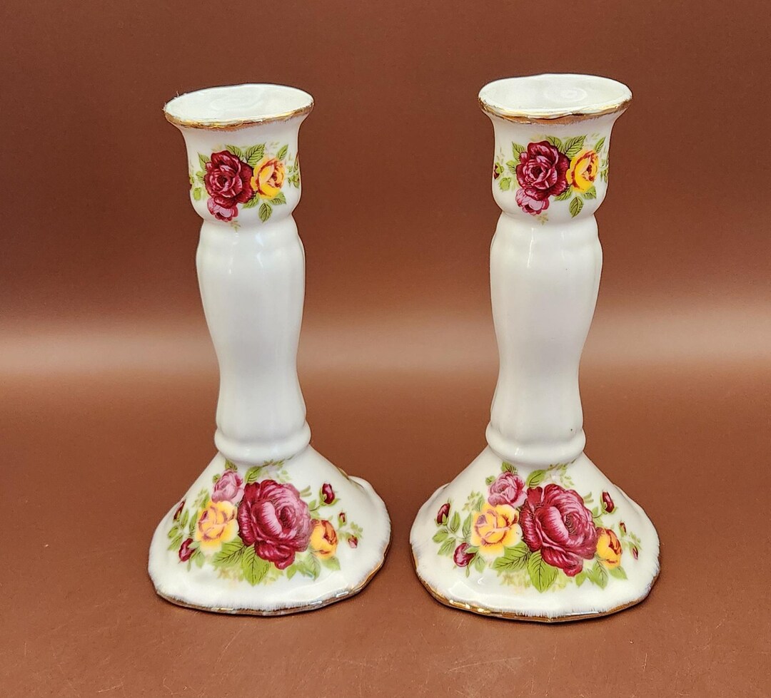 Vintage Cottage Rose Bone China Candlestick Holders, Floral Gold Trim ...