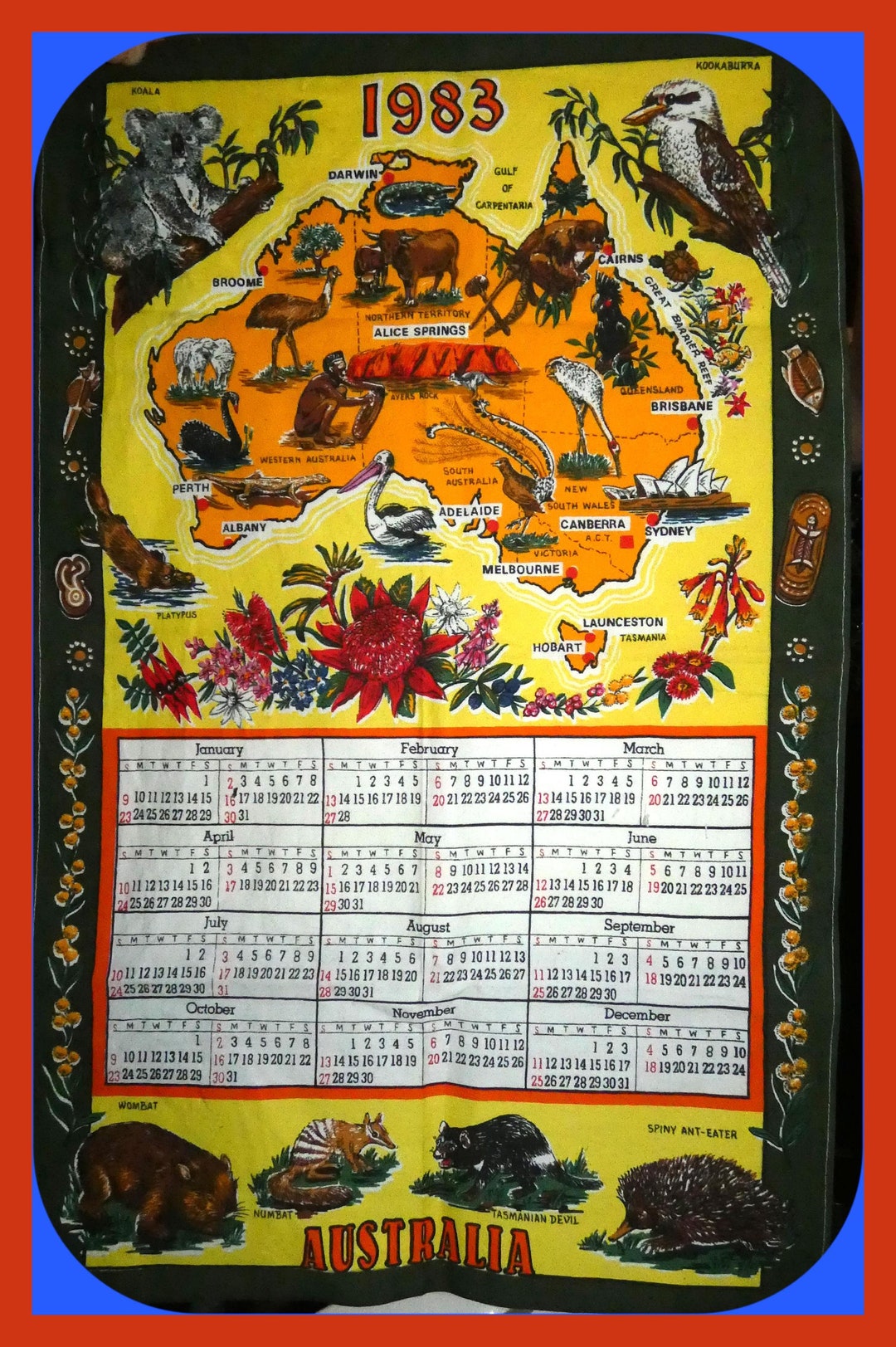 AUSTRALIA 1983 Calendar Tea Towel, Vintage Kitchen, Birthday Calendar ...