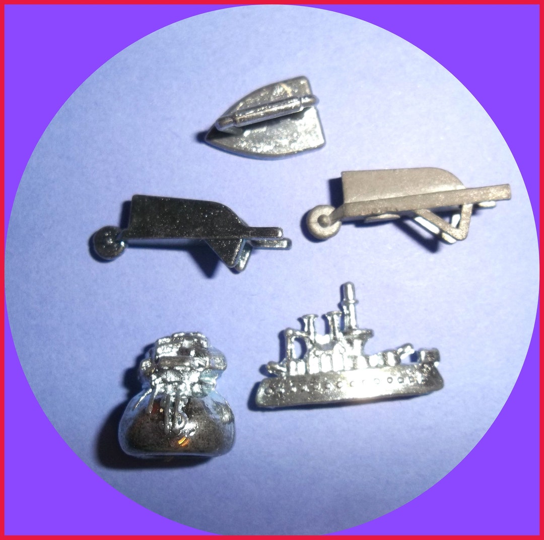 Vintage Monopoly Game Pieces Battleship Wheelbarrow Iron Money Bag Set ...