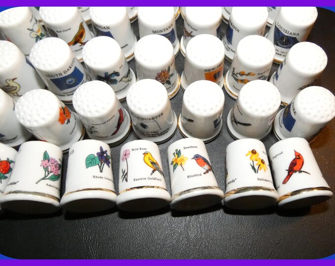 Porcelain 50 US States THIMBLES Set of 50, State Flag, Bird, Flowers ...