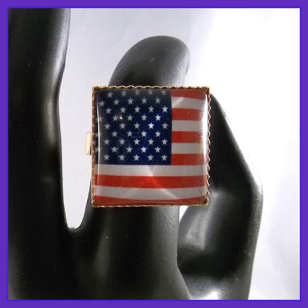 Patriotic American Flag RING United States Glass Square Bronze Band ...
