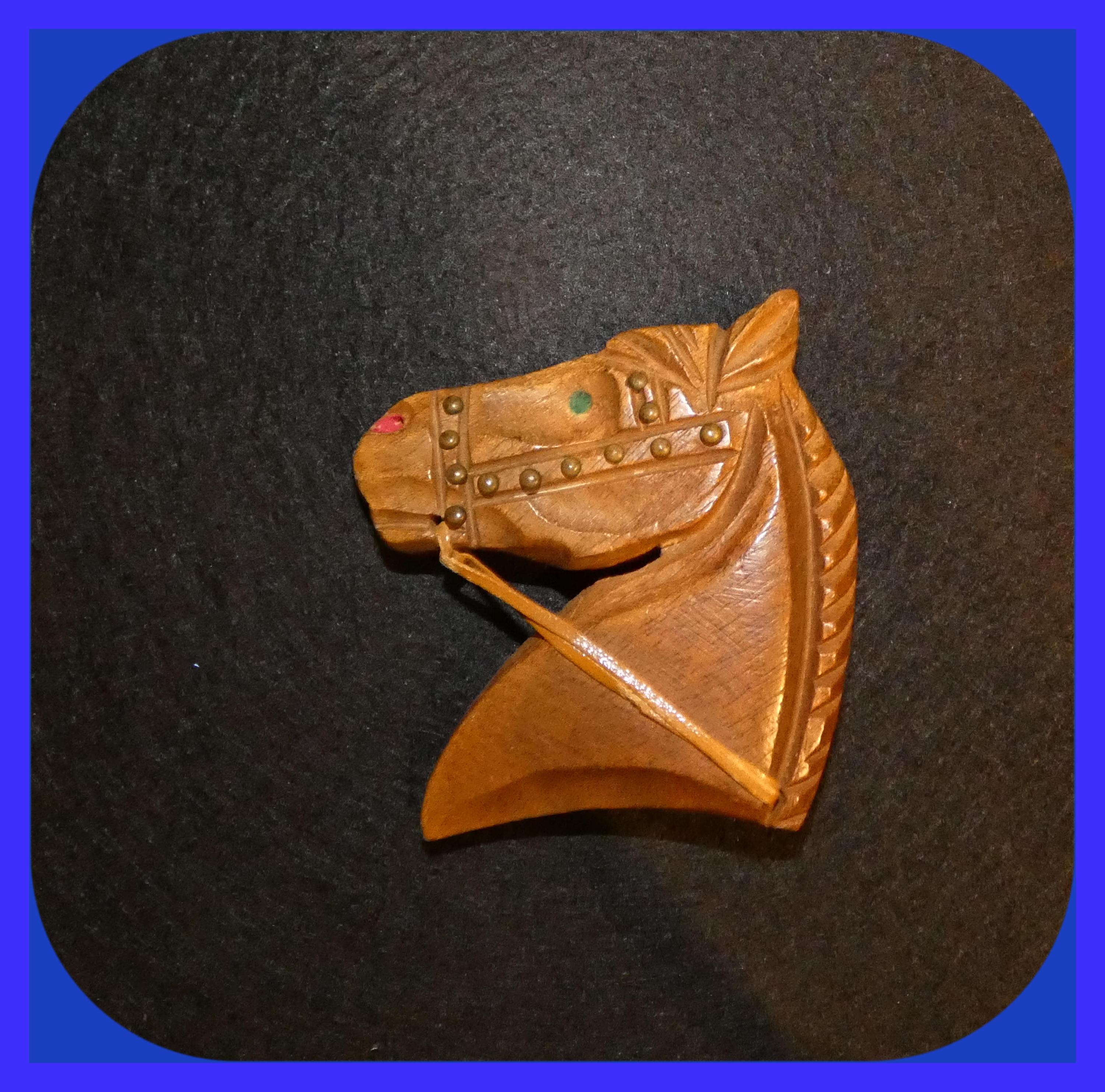 Wooden Horse Pin, Hand Carved 1940's, Halter & Bridle, Locking Clasp ...