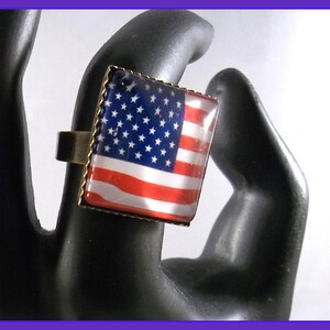 Patriotic American Flag RING United States Glass Square Bronze Band ...