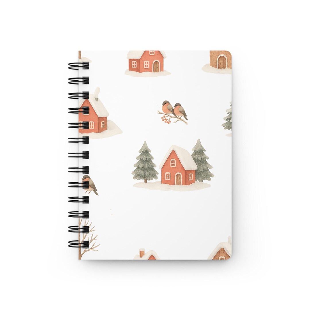 Cozy Winter Village Spiral Bound Journal | Birds, Pine Trees, Snowy ...