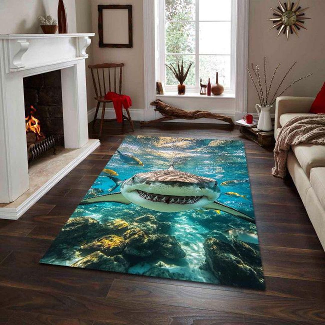 Hyper Realistic Shark Rug – 3D Underwater Ocean Carpet With Marine Life ...